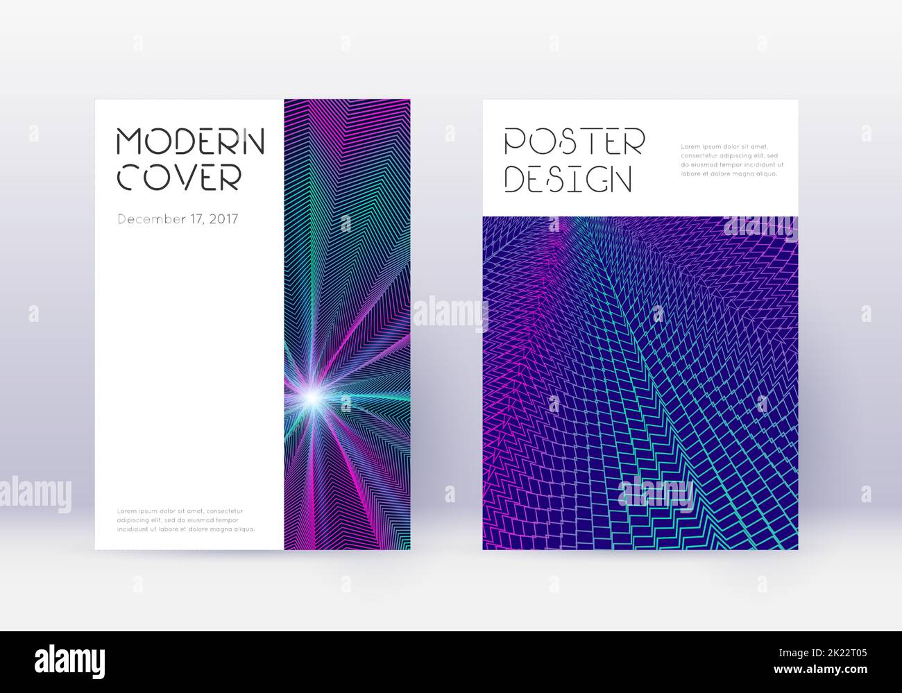 Minimal cover design template set. Neon abstract lines on dark blue ...