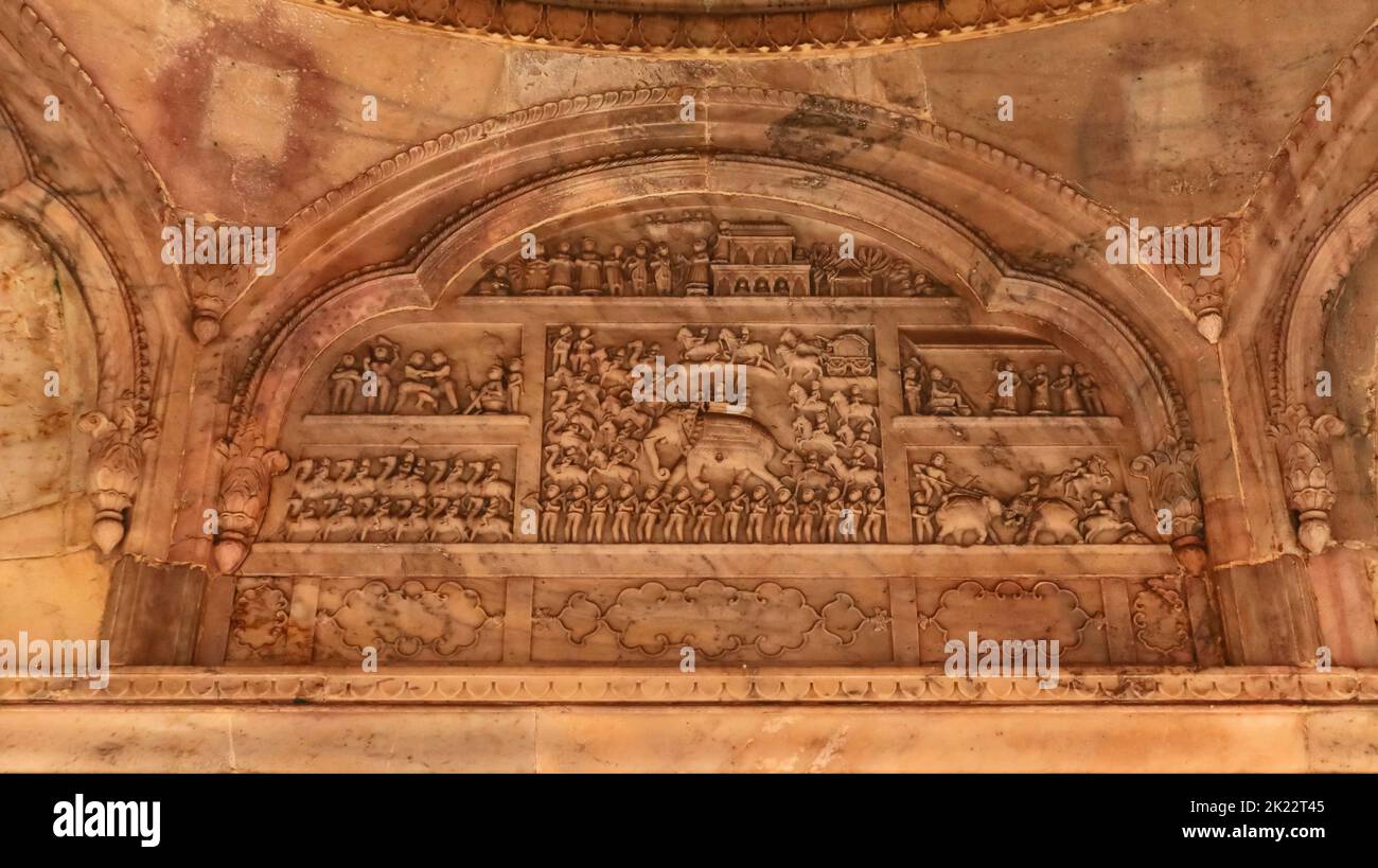 Carving of elephants, horses and army on the Main Cenotaph of Moosi ...