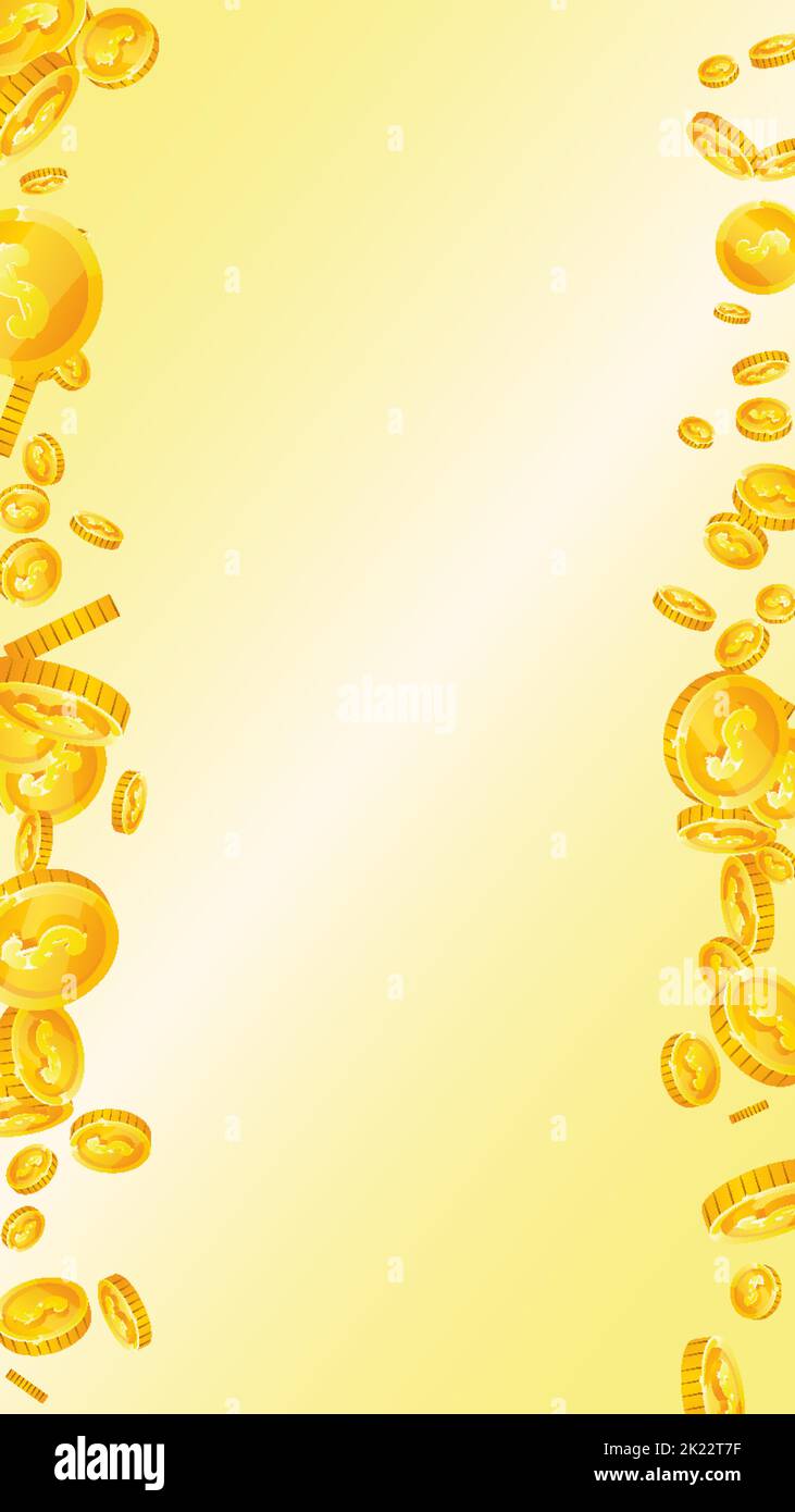 American dollar coins falling. Scattered gold USD coins. USA money. Great business success ...