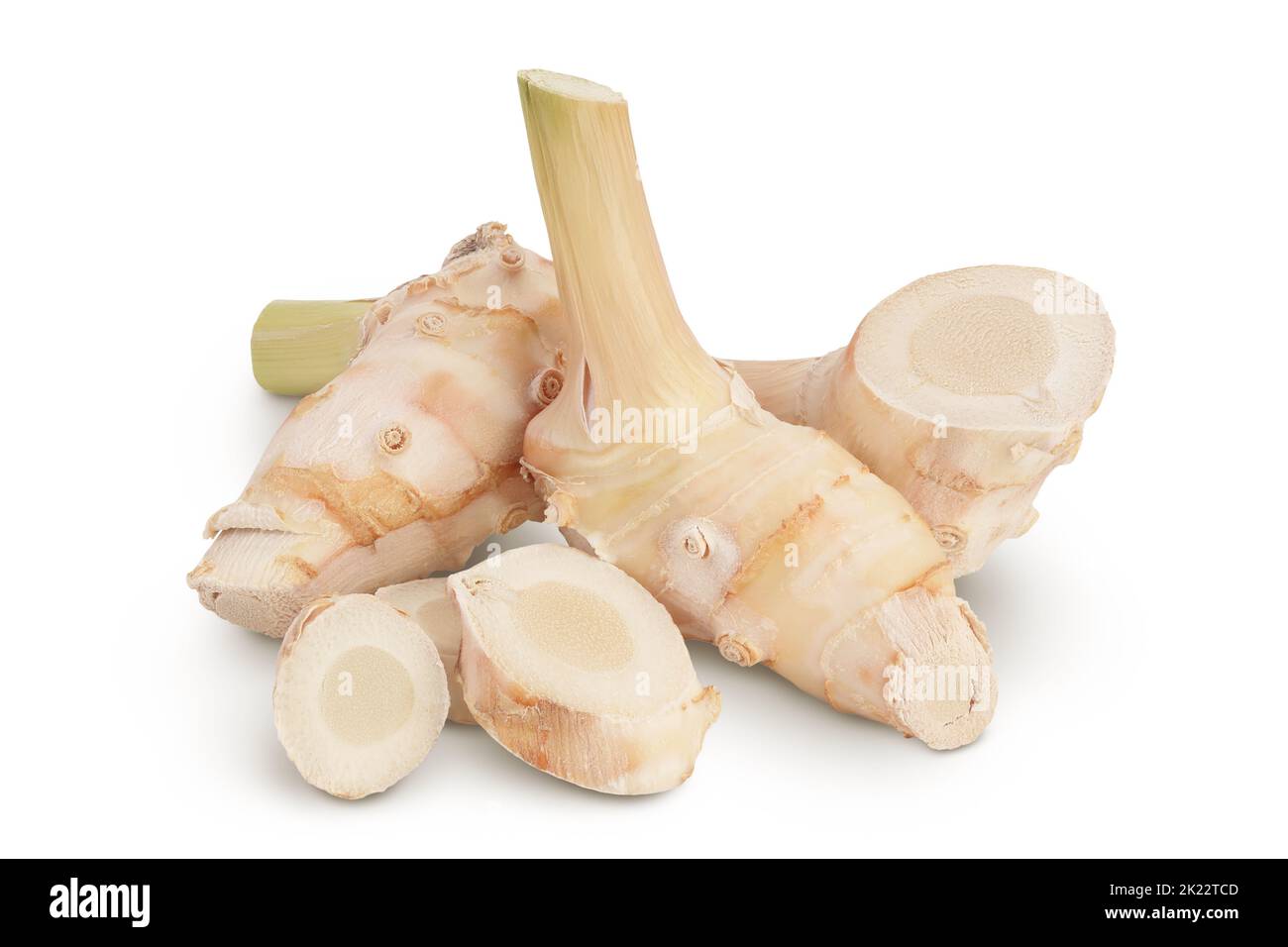 Fresh galangal root with slices isolated on white background with full ...