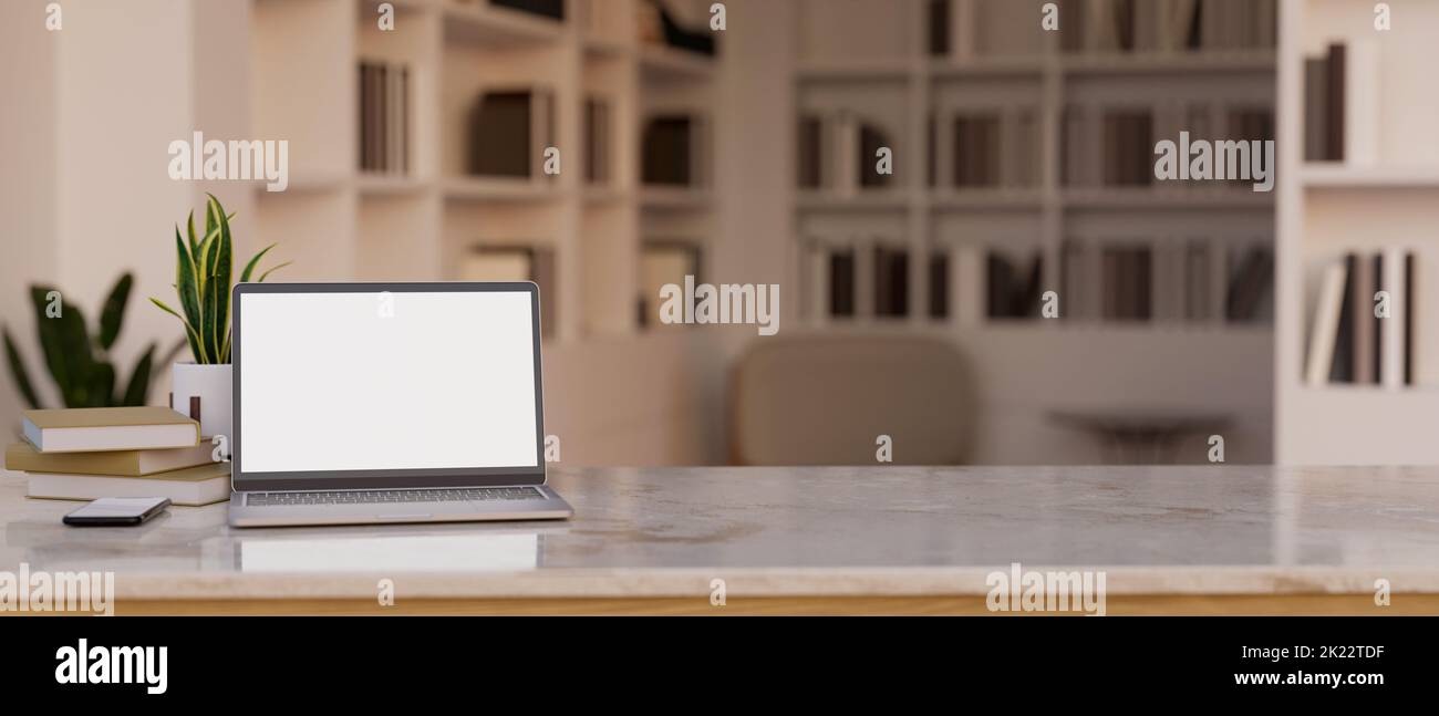close-up, Minimal workspace tabletop with notebook laptop white screen ...