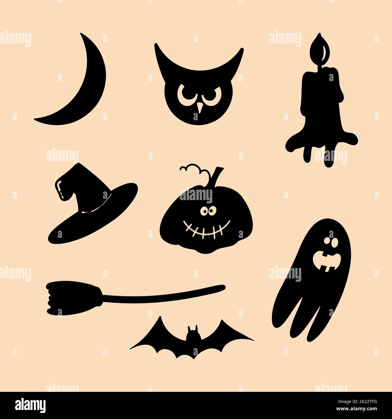 Halloween silhouettes ghost bat pumpkin owl crescent moon witch hat ...