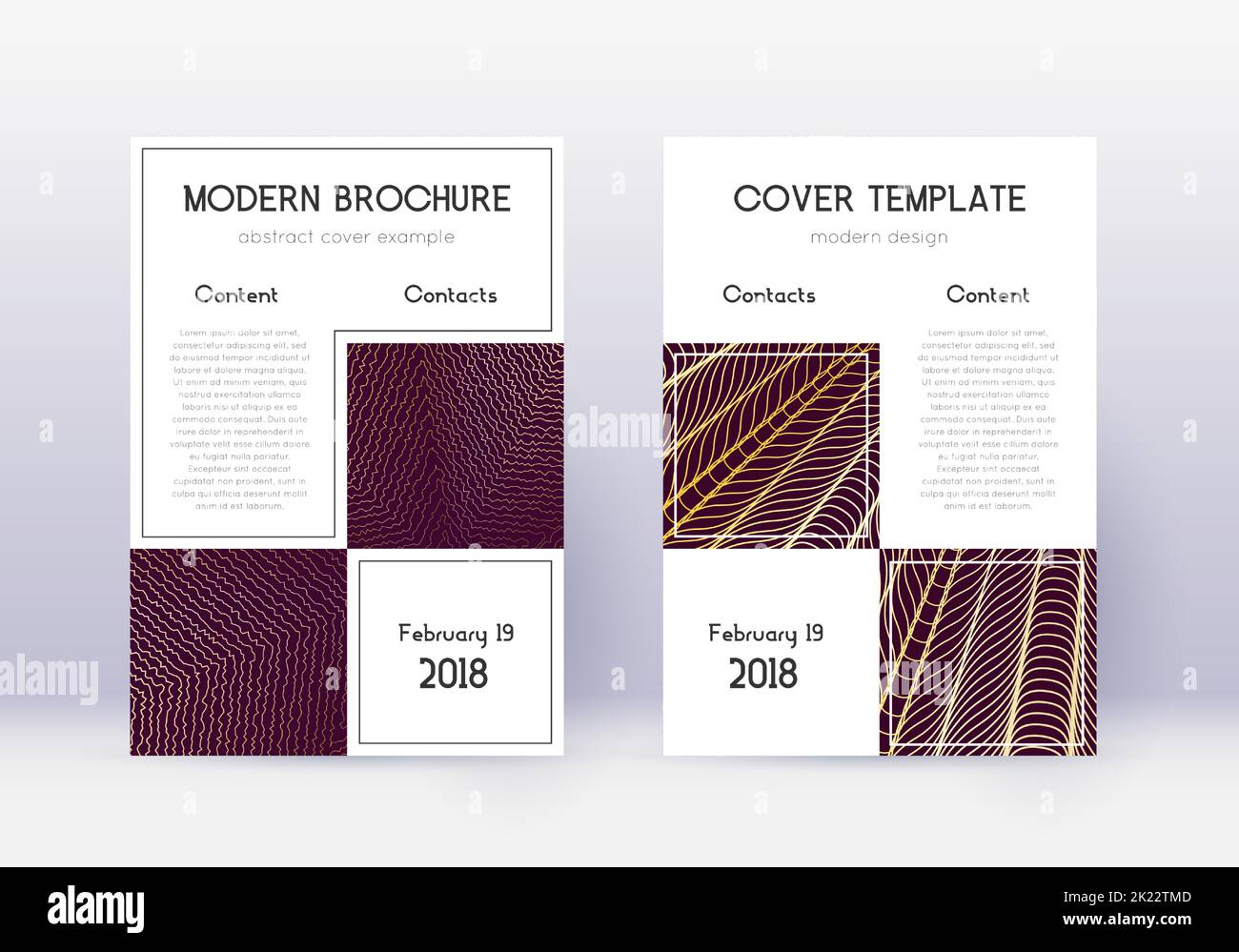 Business cover design template set. Gold abstract lines on maroon ...