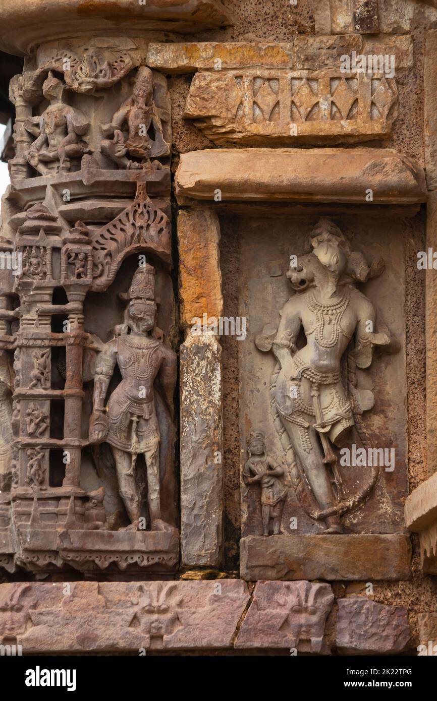 A broken sculpture of Hayagriva at centre, Narsimha in left and Varaha ...