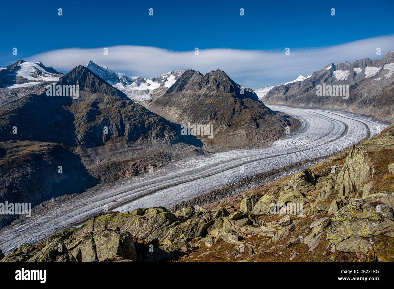 Landscape of glacier, mountain and sky. Aletsch Glacier in Swiss Alps ...