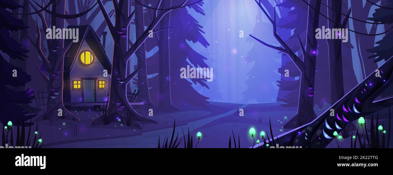 Witch house in dark wood with glowing mushrooms grow on trees and ...