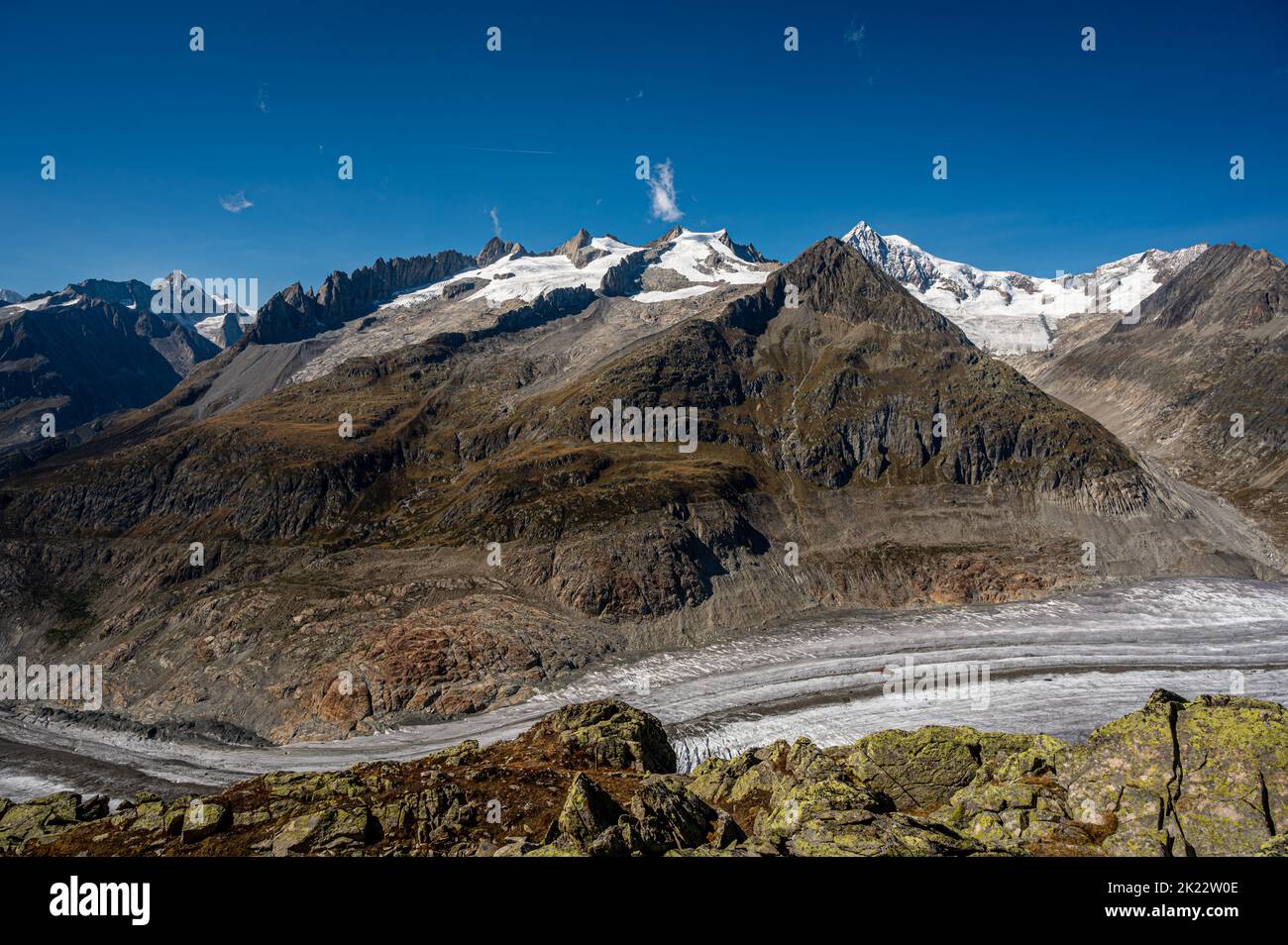 Landscape of glacier, mountain and sky. Aletsch Glacier in Swiss Alps ...