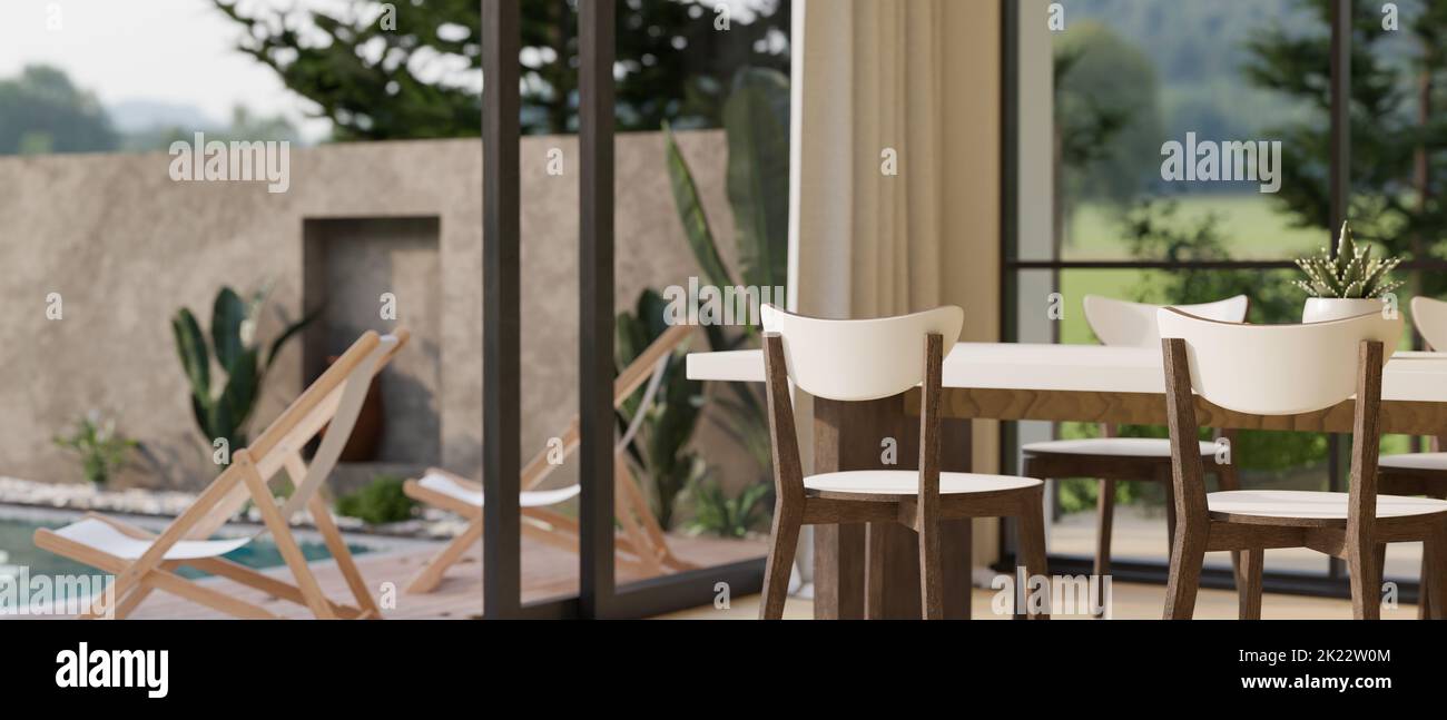 Modern luxury pool villa resort dining room interior design with modern ...