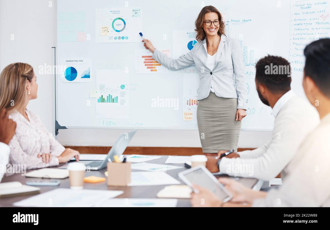 Business people, manager and presentation meeting for marketing showing ...