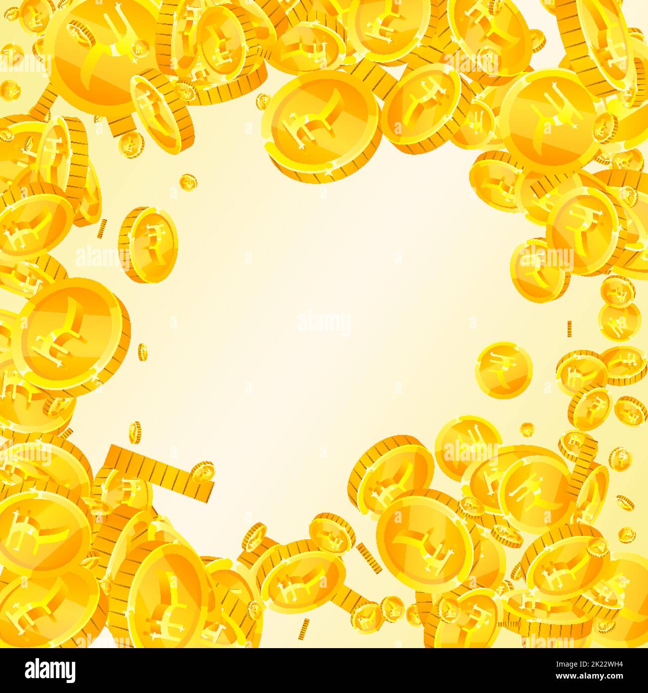 Indian rupee coins falling. Scattered gold INR coins. India money ...