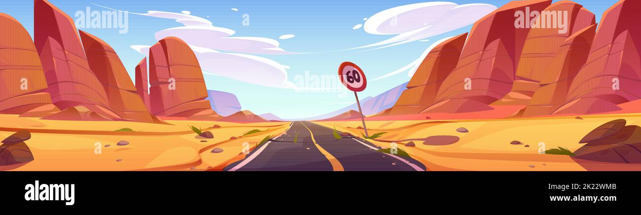 Car road in desert with sand and mountains. Western desert landscape ...