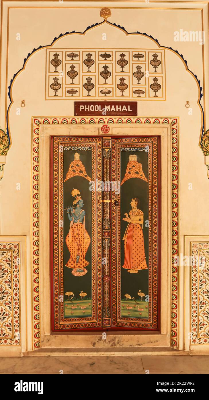 Painting of Radha and Krishna on the door Inside Phool Mahal, Junagarh ...