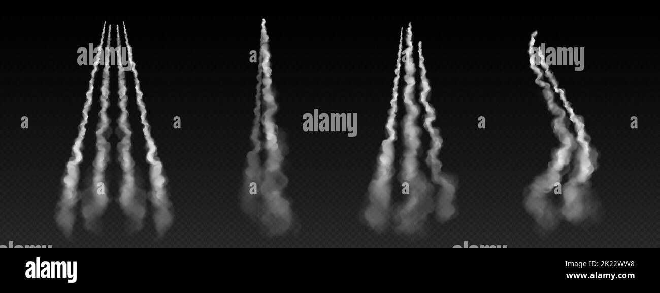 Set of realistic airplane contrails png on transparent background. Vapor tracks left in sky ...