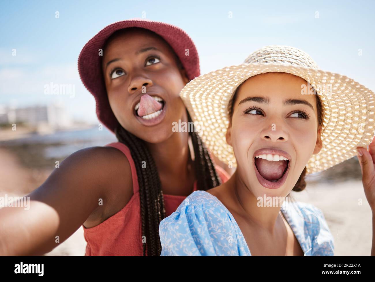 Women, fun and comic face selfie by beach, ocean and sea in Miami ...