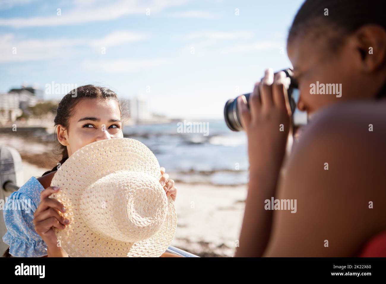 Travel influencer, women and photographer on beach for Miami, Florida ...