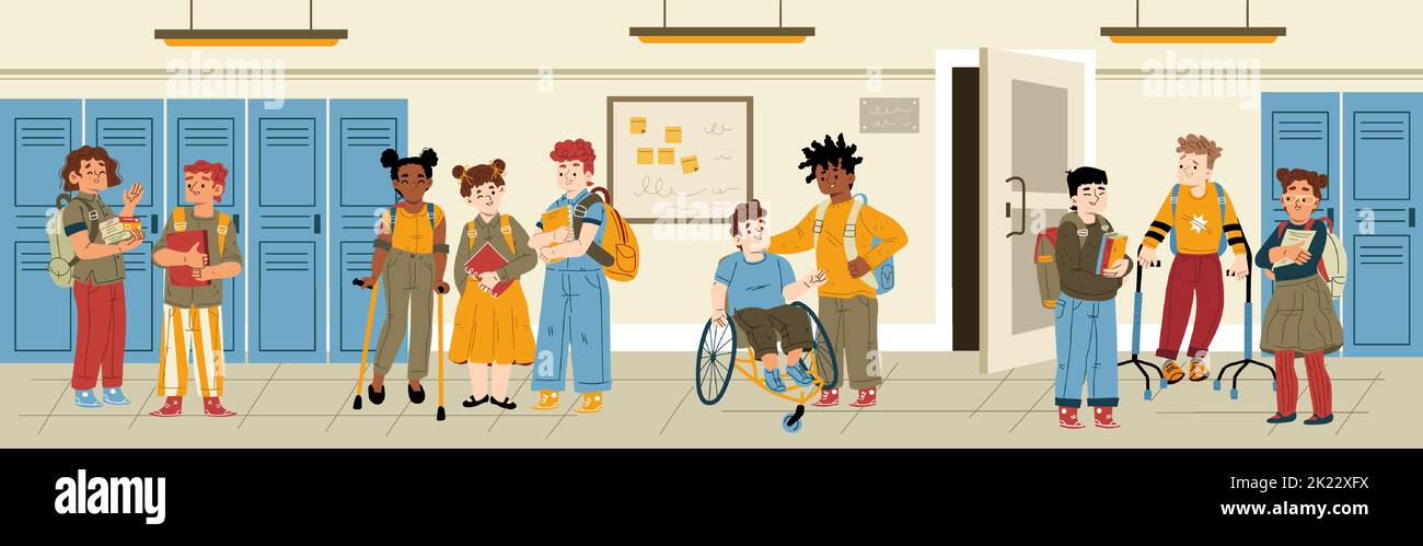 Disabled and healthy kids in school hall communicate. Multiracial ...