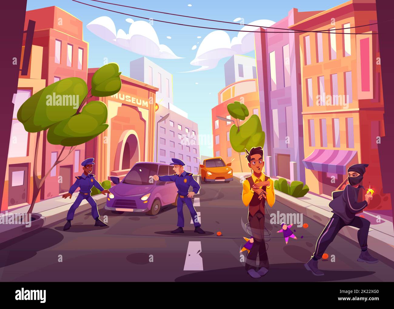 City street with characters on road, policemen, robber with stolen gold ...
