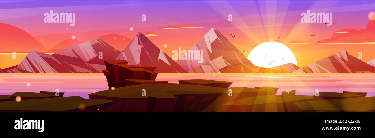 Sunset at scenery mountains landscape, nature view. Cartoon background ...