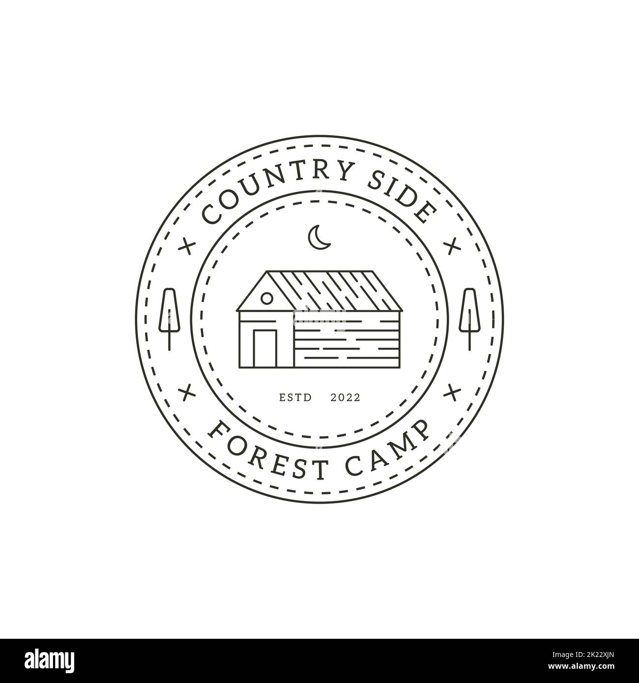 Minimalist countryside forest camp outline logo badge vector ...