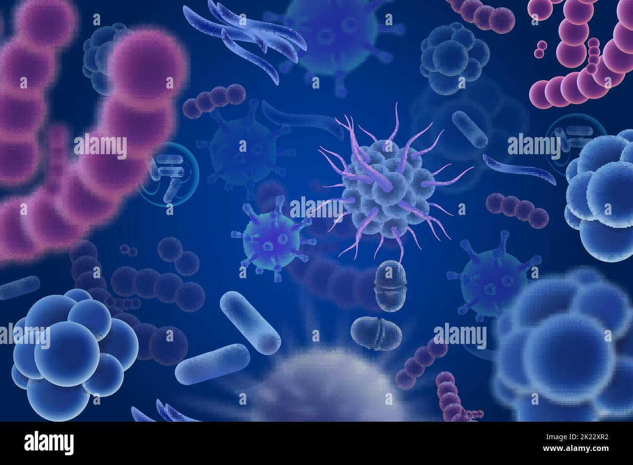 Abstract background with various color and shape microscopic viruses ...