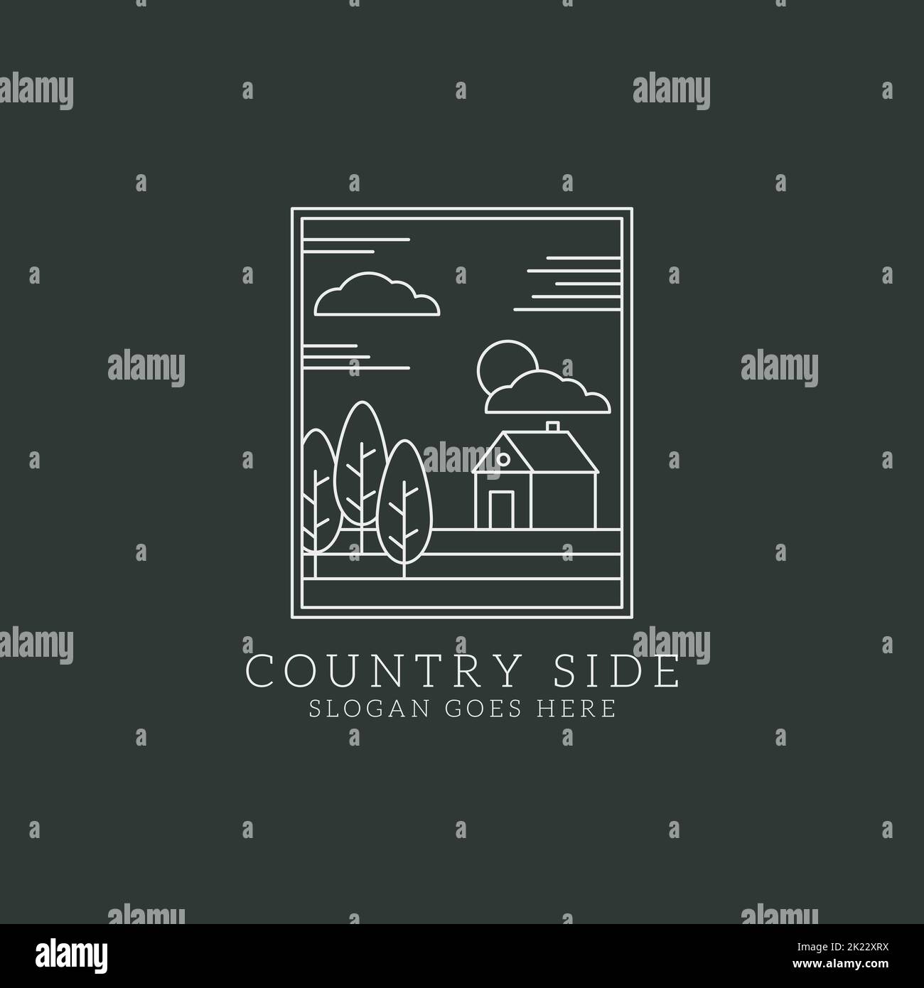 Country side outline logo design square. Vector line square with cabins ...