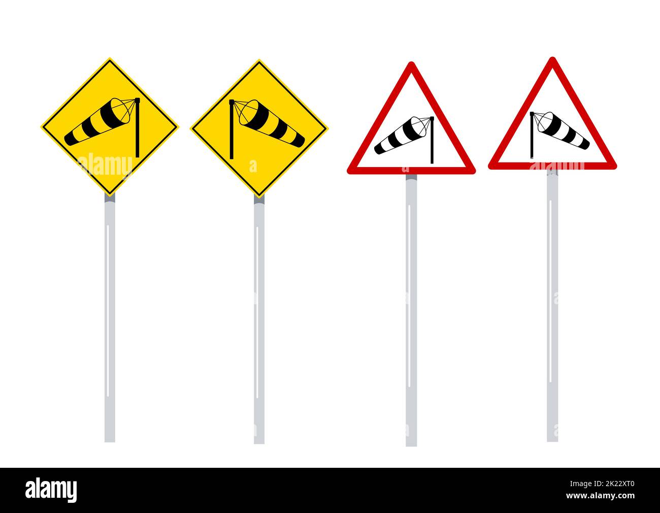 Crosswind traffic road sign on pole - windsock in yellow rhombus and ...