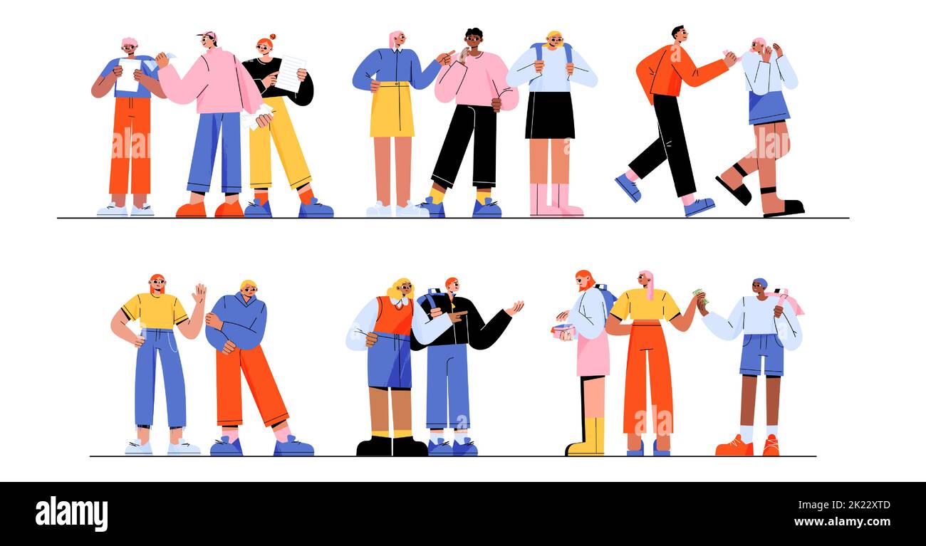 School bullies concept, teen violence, negative behavior. Students mocking and shame victim ...