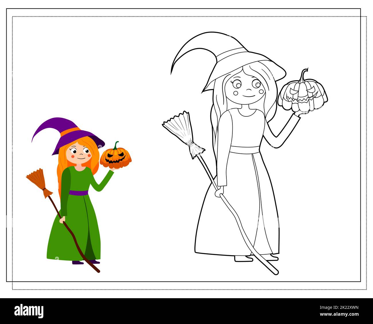 Coloring book for kids, cartoon witch holding a pumpkin. Vector ...