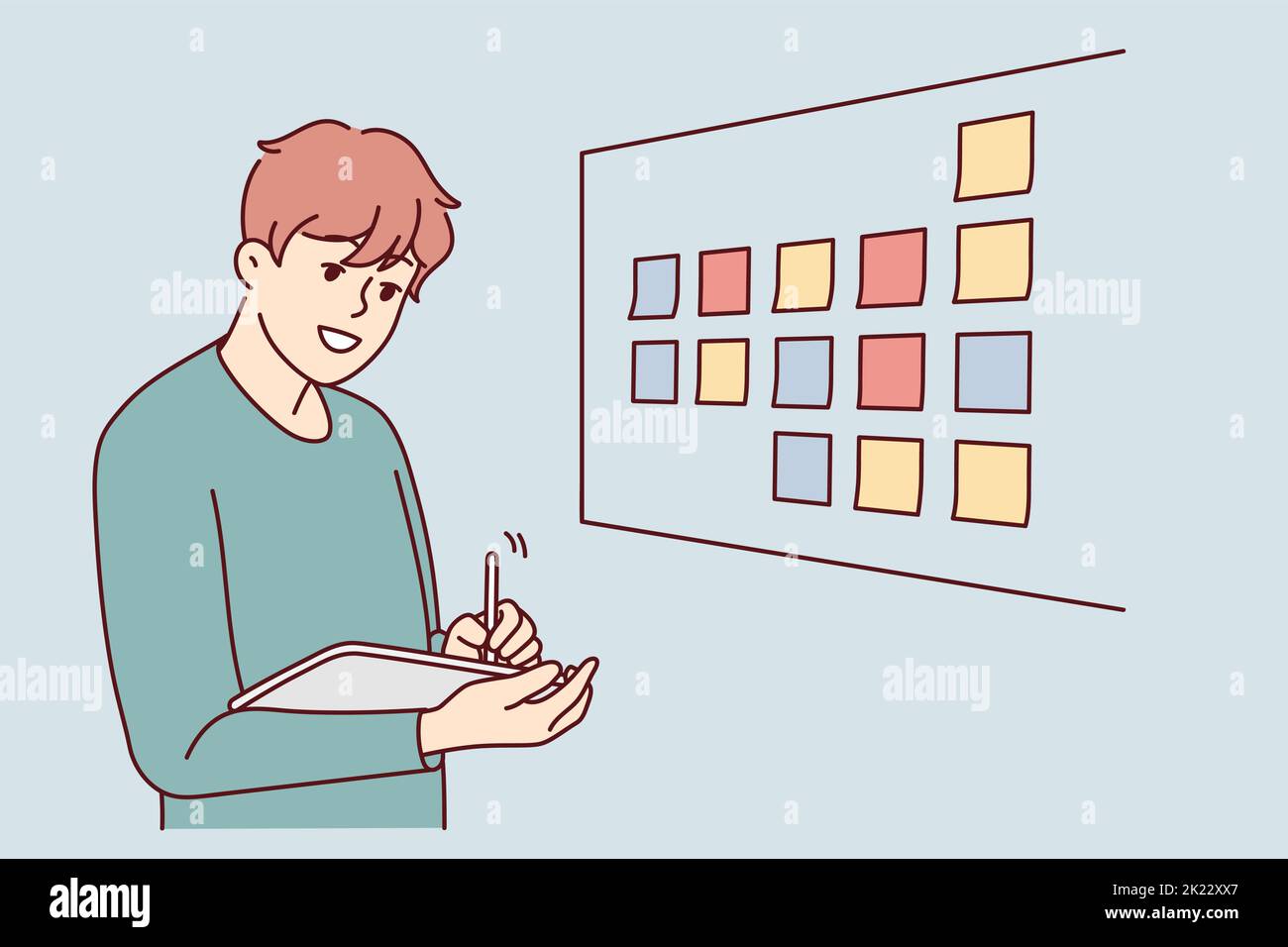 Motivated businessman brainstorm wok with sticky notes on board in ...