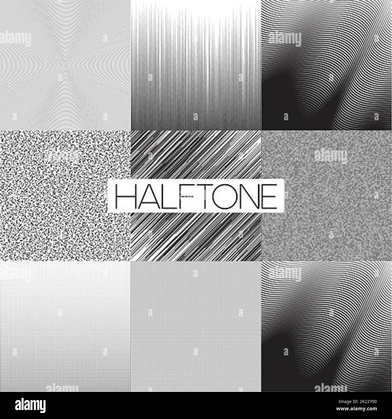 A grayscale collage of line textures with an editable text "Halftone ...