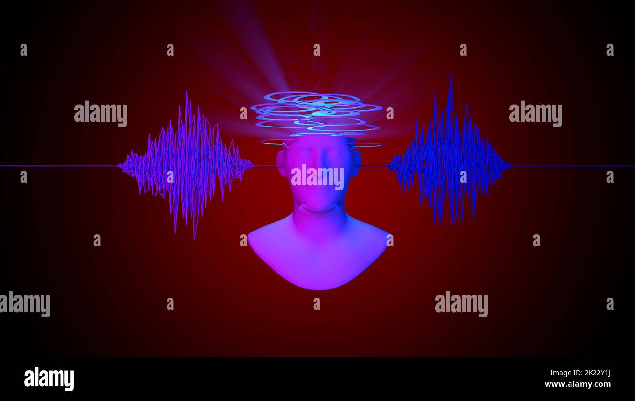 3d digital human face in abstract sound data wave flow. Futuristic had ...