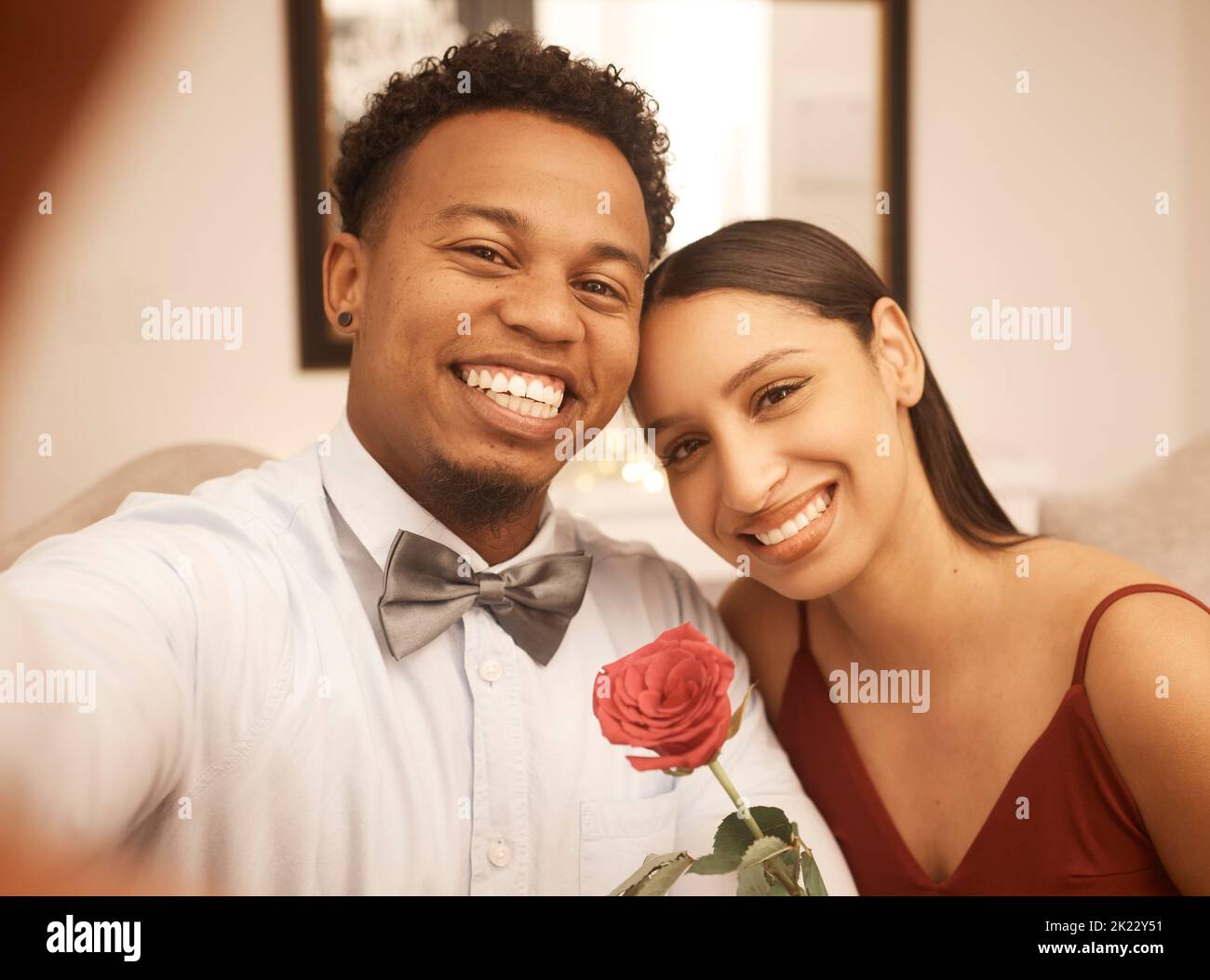 Selfie, smile and happy black man and woman on date in formal fashion ...