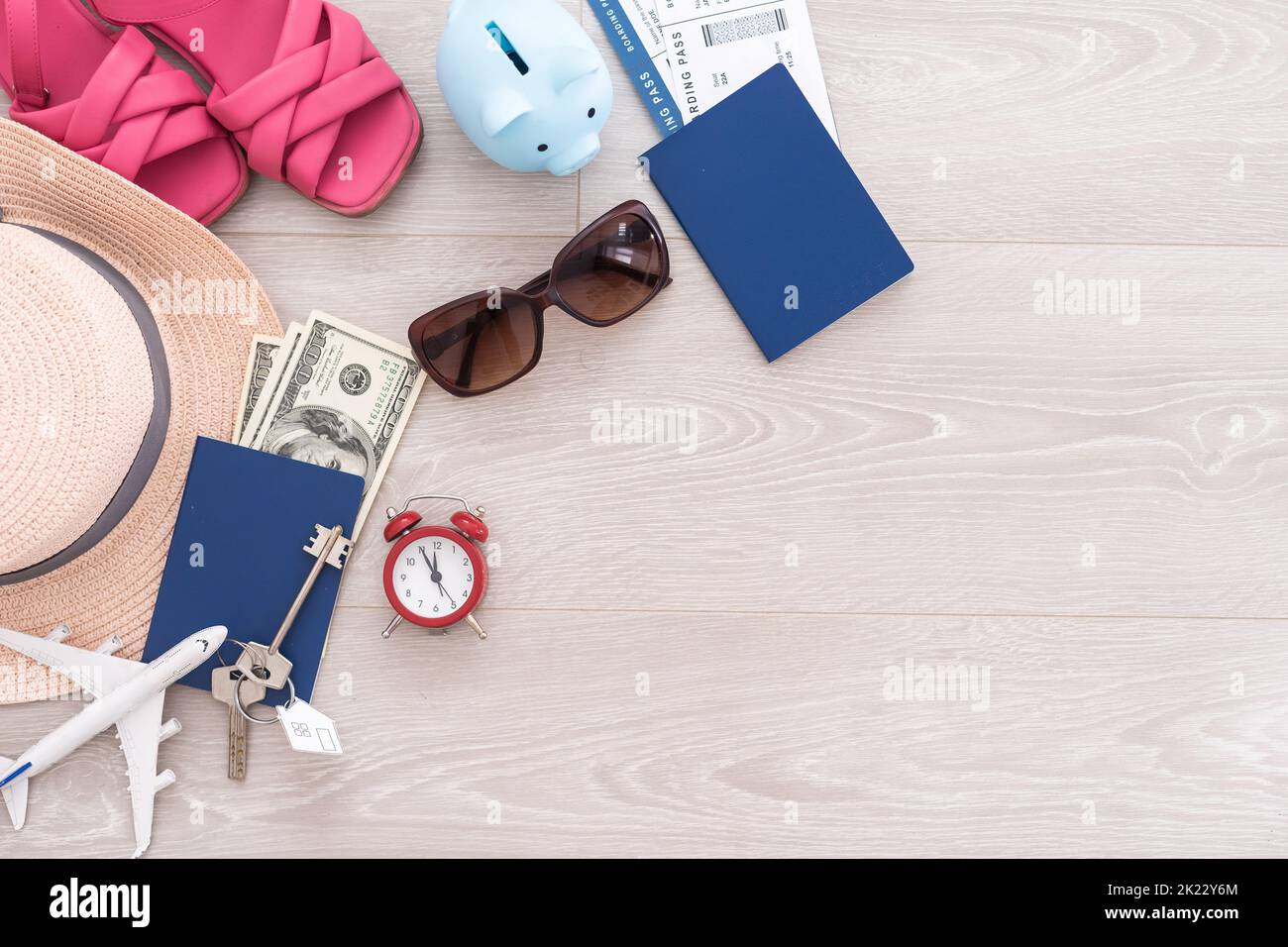 Overhead view of Traveler's accessories, Essential vacation items ...