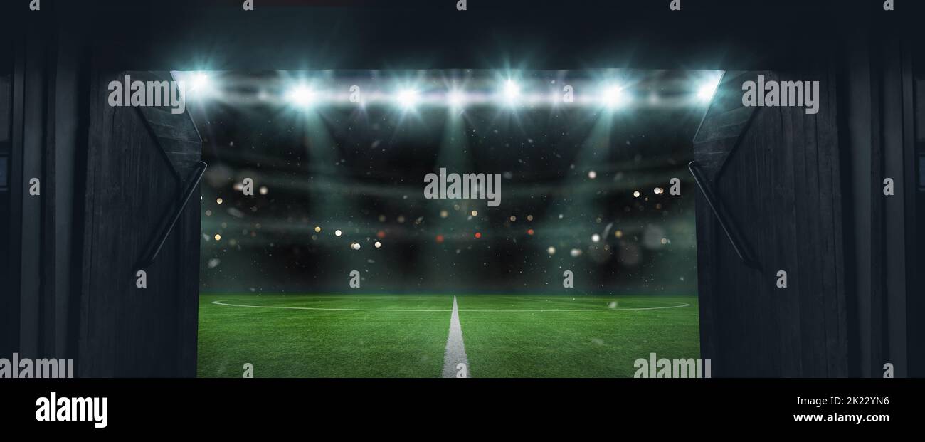 textured soccer game field with exit to stadium - center, midfield ...