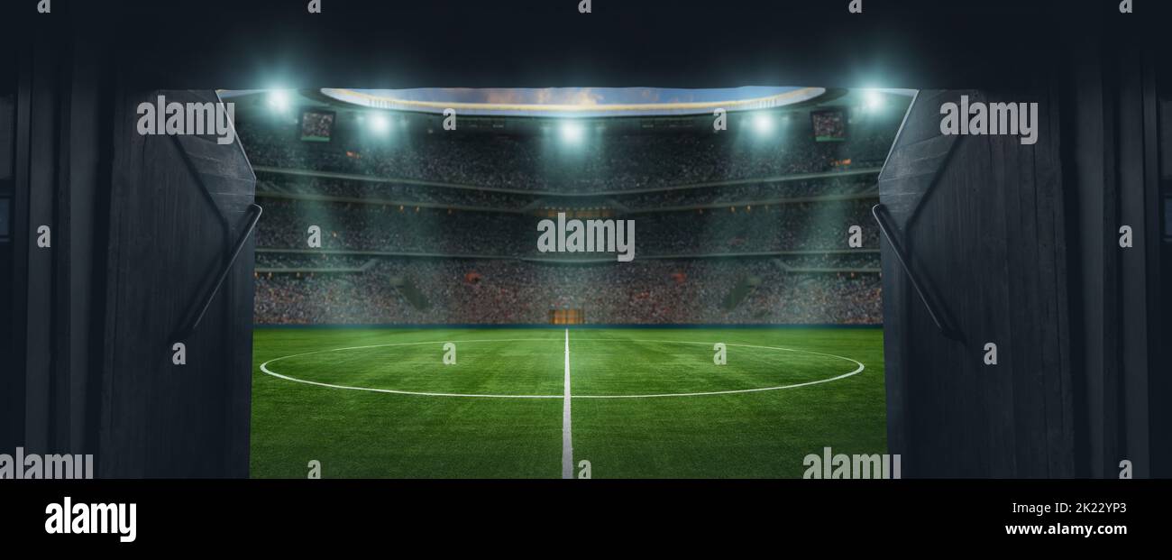 textured soccer game field with entrance to stadium - center, midfield ...