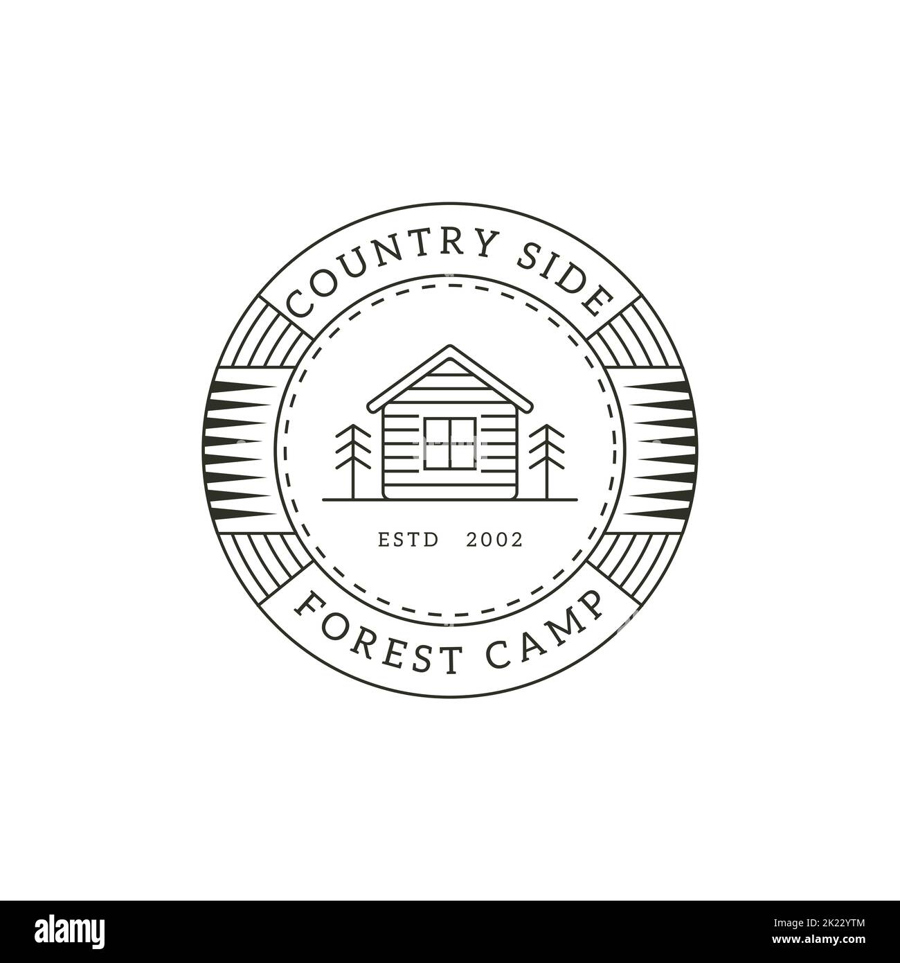 Minimalist line art countryside forest camp logo badge vector ...