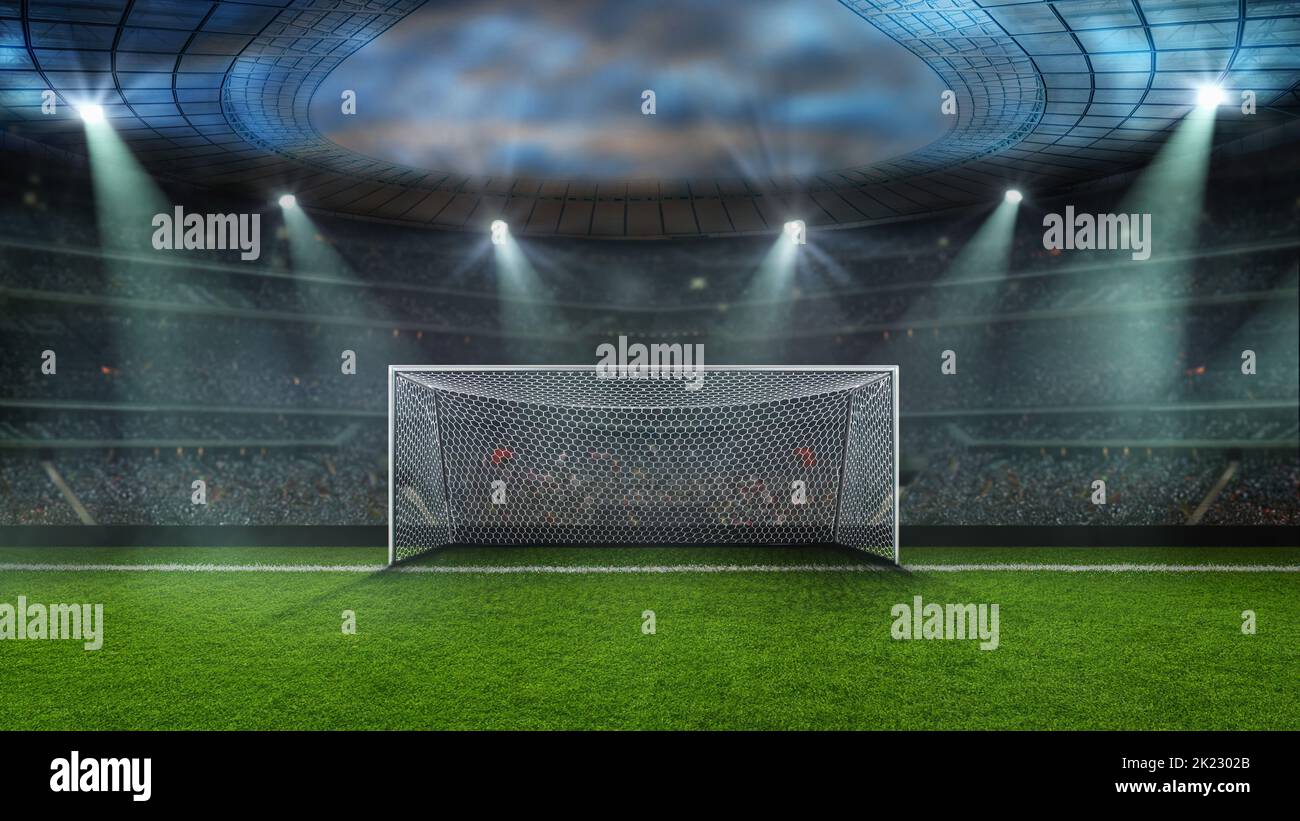 football or soccer goal gate closeup with green grass. 3D Illustration ...