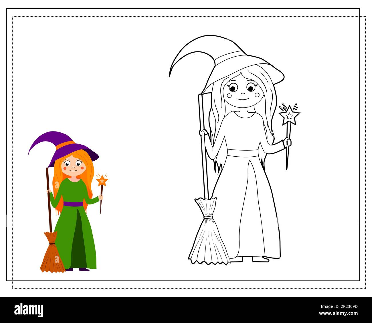 Coloring book for kids, cartoon witch stands with a broom. Vector ...