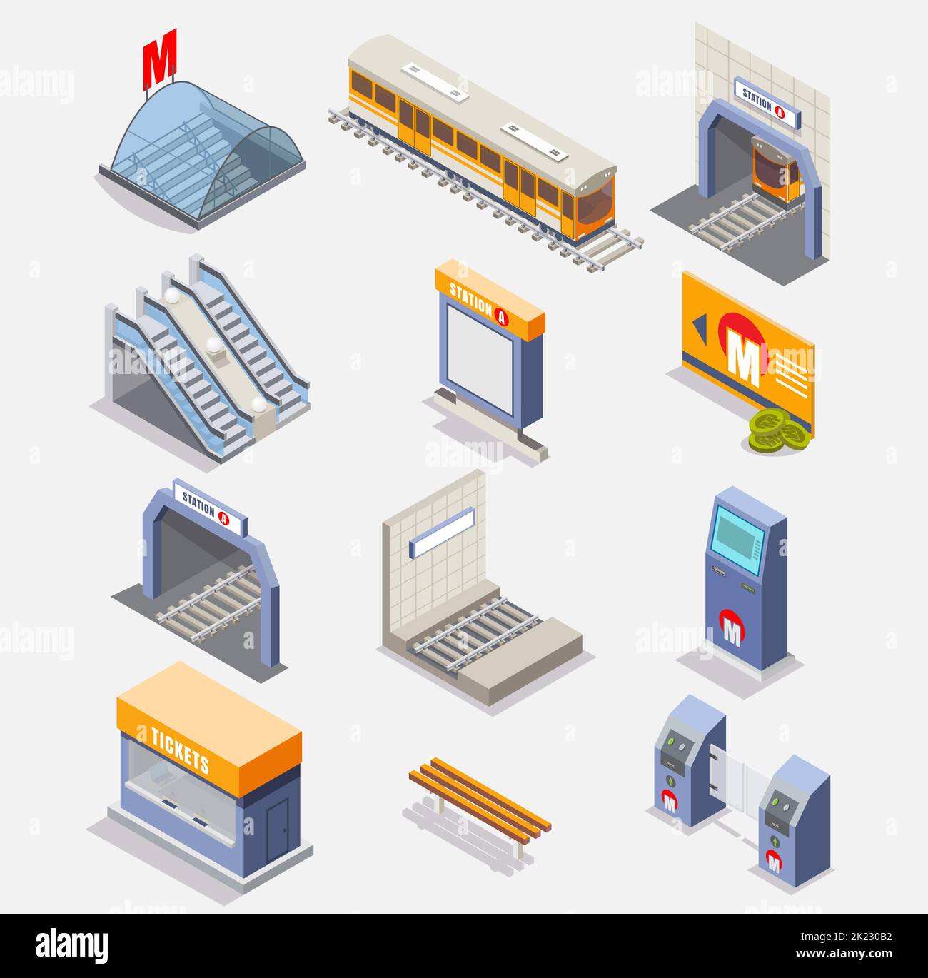 Subway icon set. Vector flat isometric illustration of metro ...