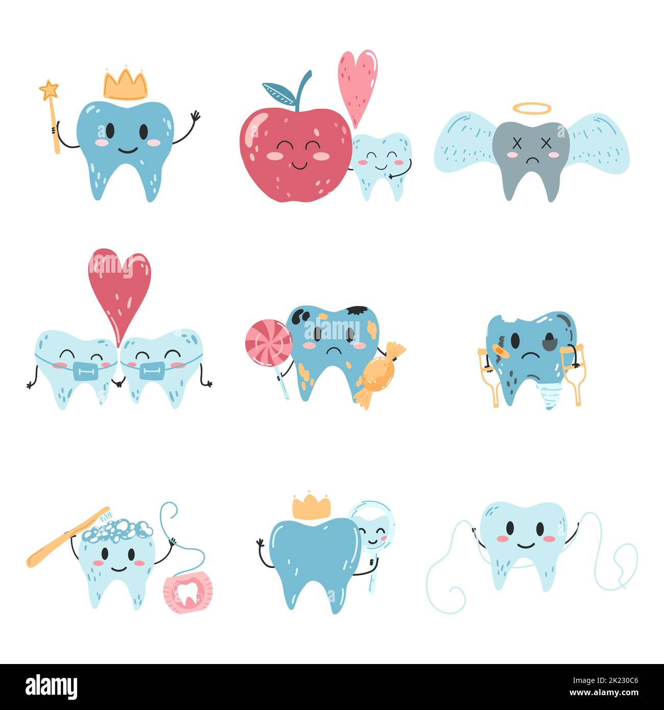 Hand drawn set of kawaii teeth characters in cartoon flat style. Vector ...