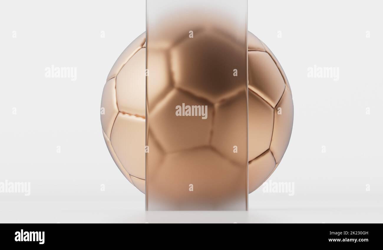 Gold football soccer ball with trendy frosted glass blank label. 3D ...