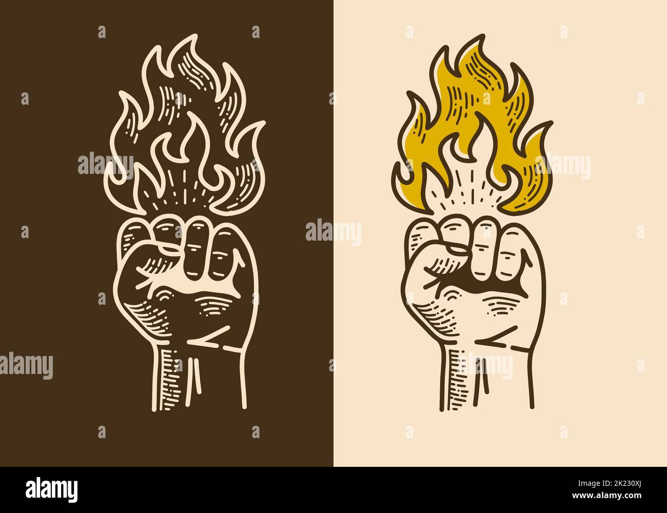 Fist with fire flame retro vintage line art design Stock Vector Image ...