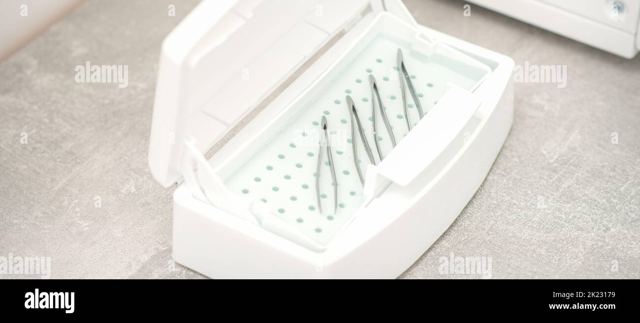 Ultrasonic tools cleaner. Machine for disinfection of tweezers tools ...