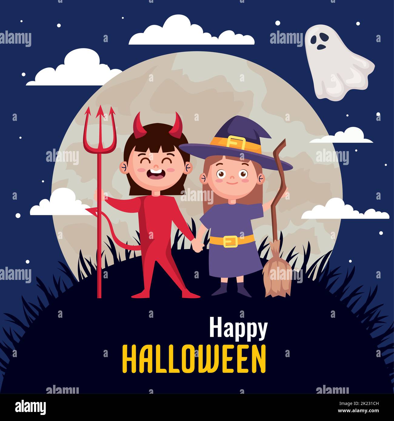happy halloween lettering with girls in disguise Stock Vector Image ...