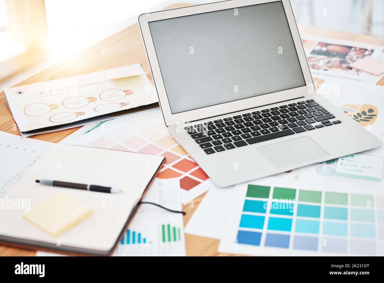 Laptop, color swatch and paper documents for interior design idea ...