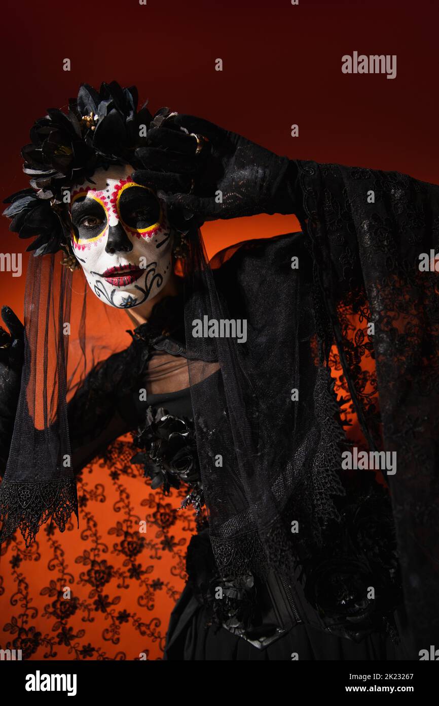 Woman in mexican santa muerte costume posing on red background,stock ...