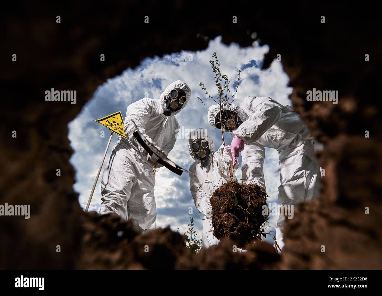 Group of unrecognizable scientists reforesting dangerous area with ...