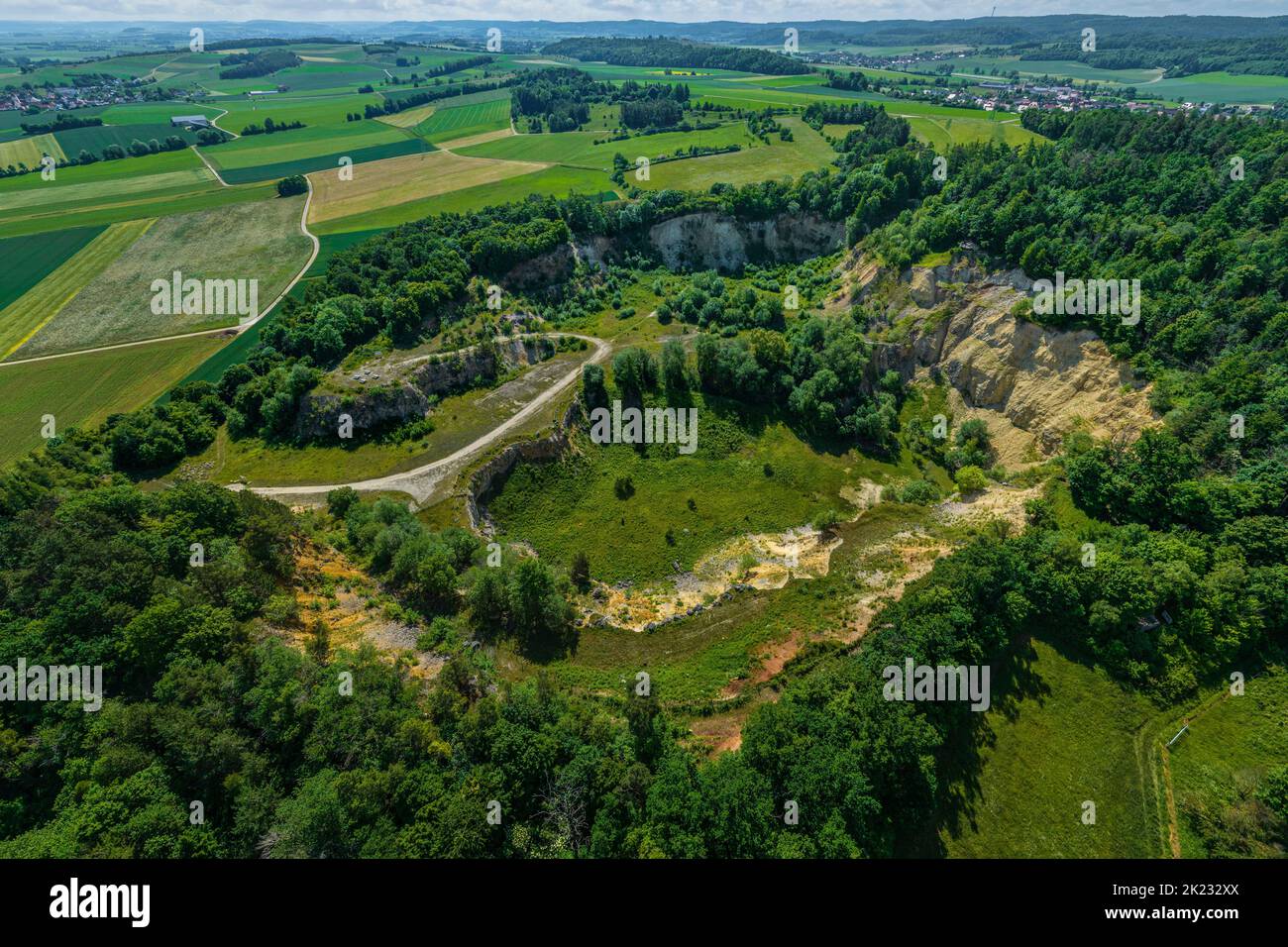 Aerial view to the geotope Lindle Quarry near Nördlingen in Bavaria ...