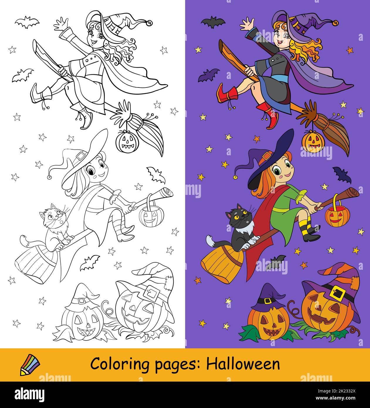 Cute little witches flying on a broomsticks in the night. Halloween ...