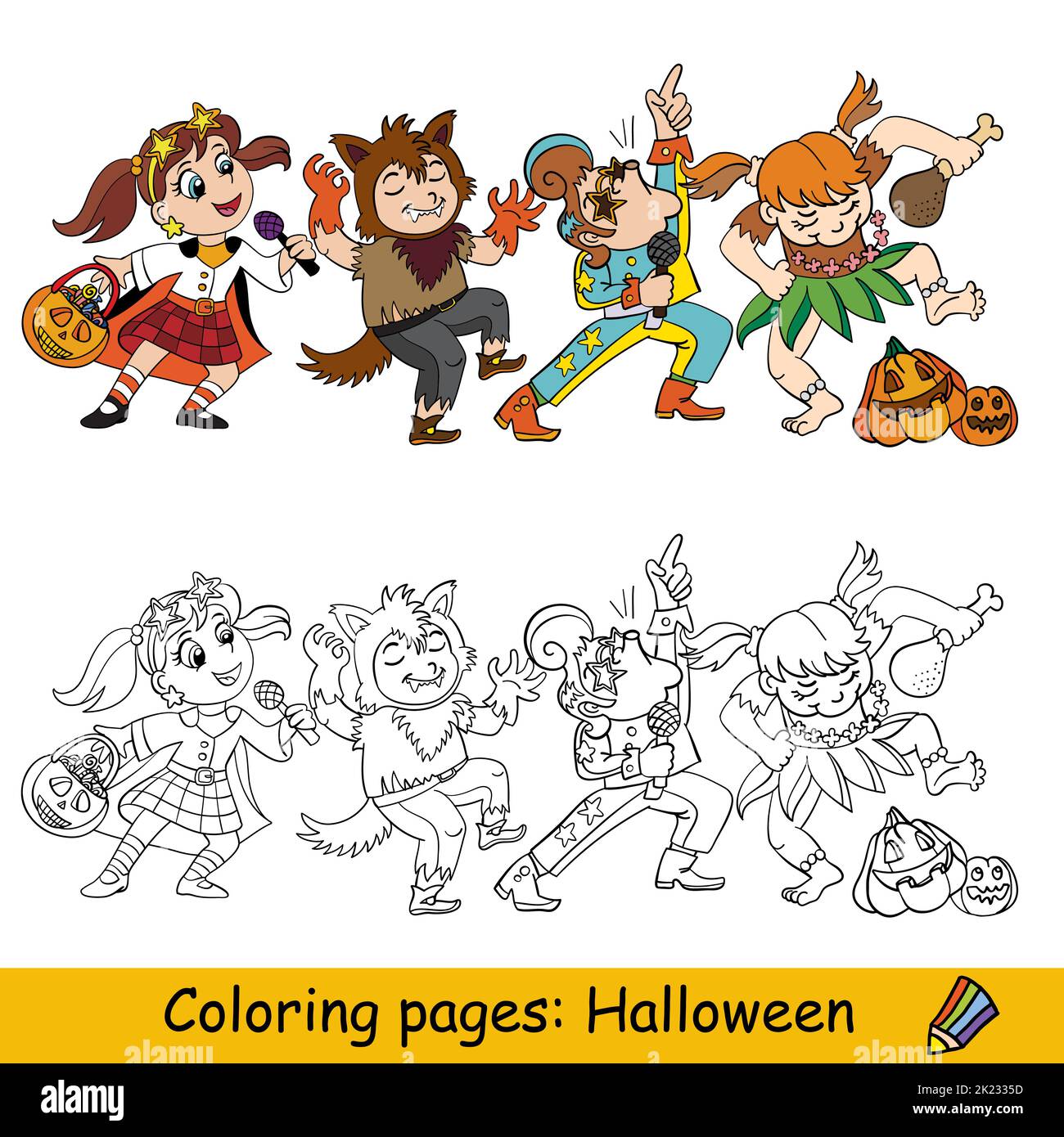 Cute kids in halloween costumes dancing. Halloween concept. Kids ...